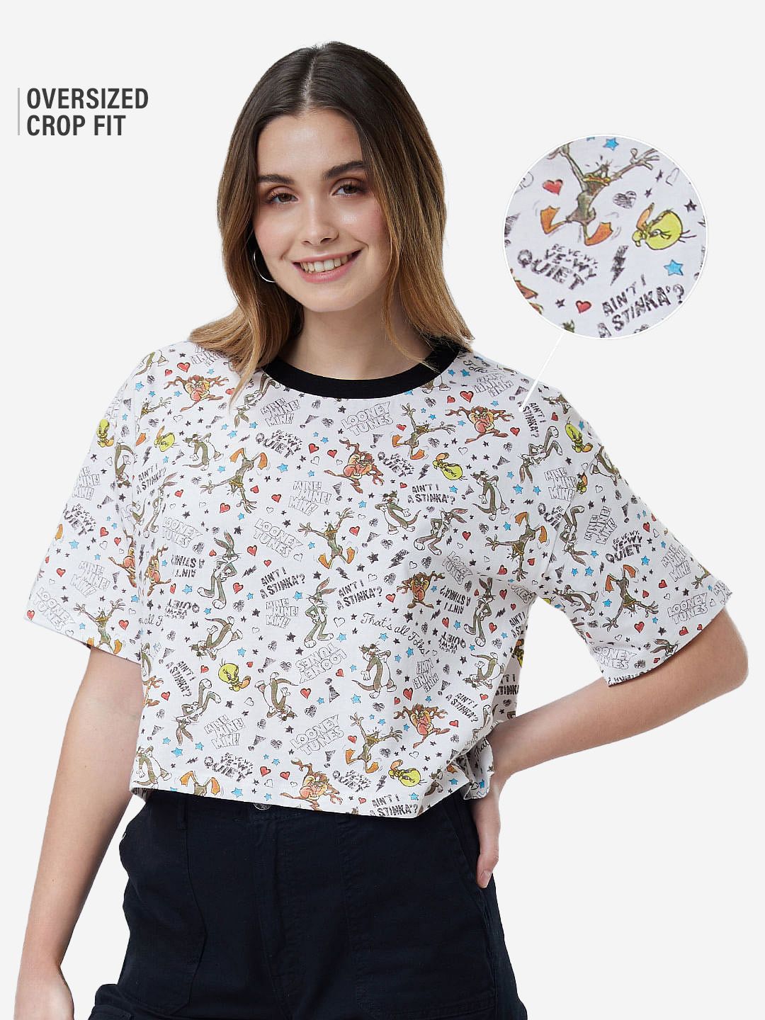 Buy Looney Tunes: Doodle Pattern Women Oversized Cropped T-Shirts ...