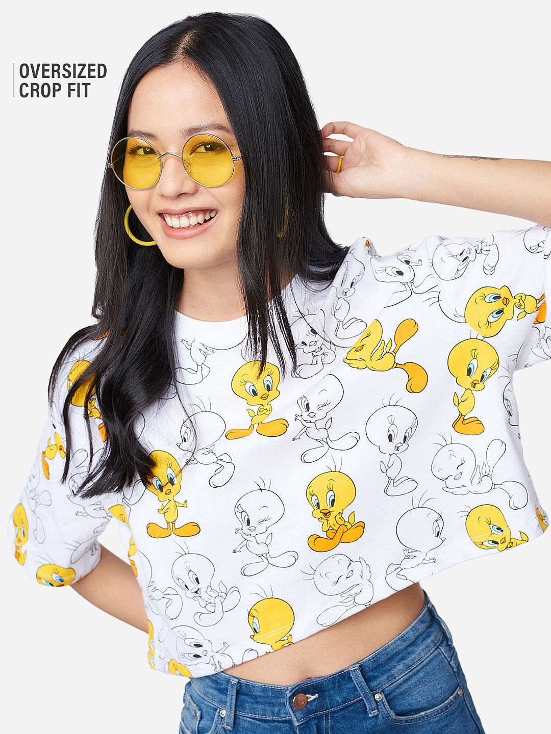 Buy Looney Tunes Tweety Pattern Women Oversized Cropped T Shirts
