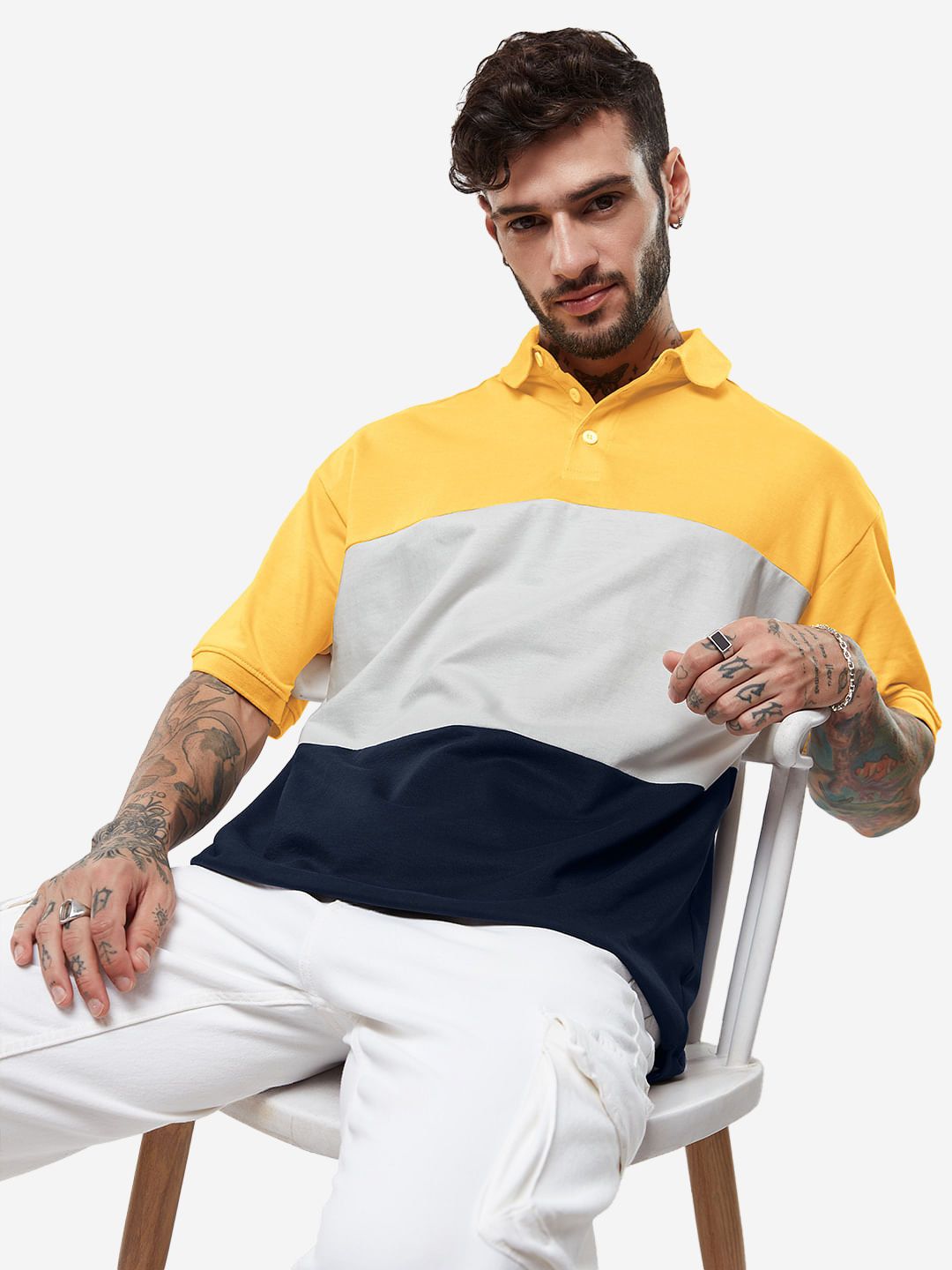 Buy Solids: Yellow White & Navy Oversized Polos Online