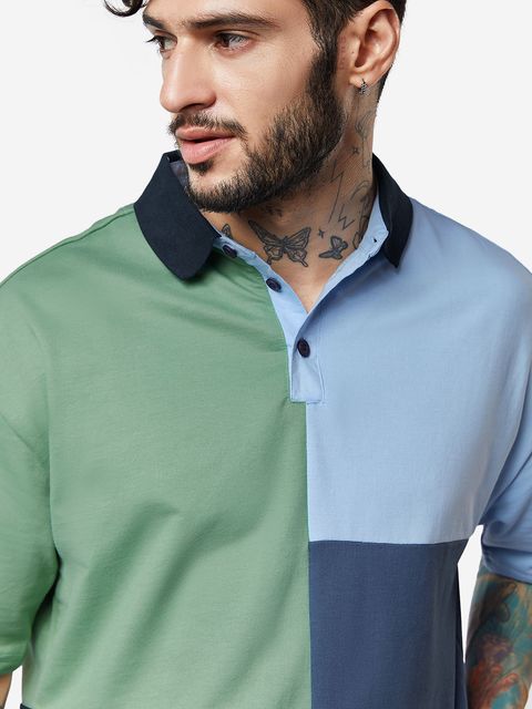 Buy Solids: Denim Blue Colourblock Oversized Polo Online