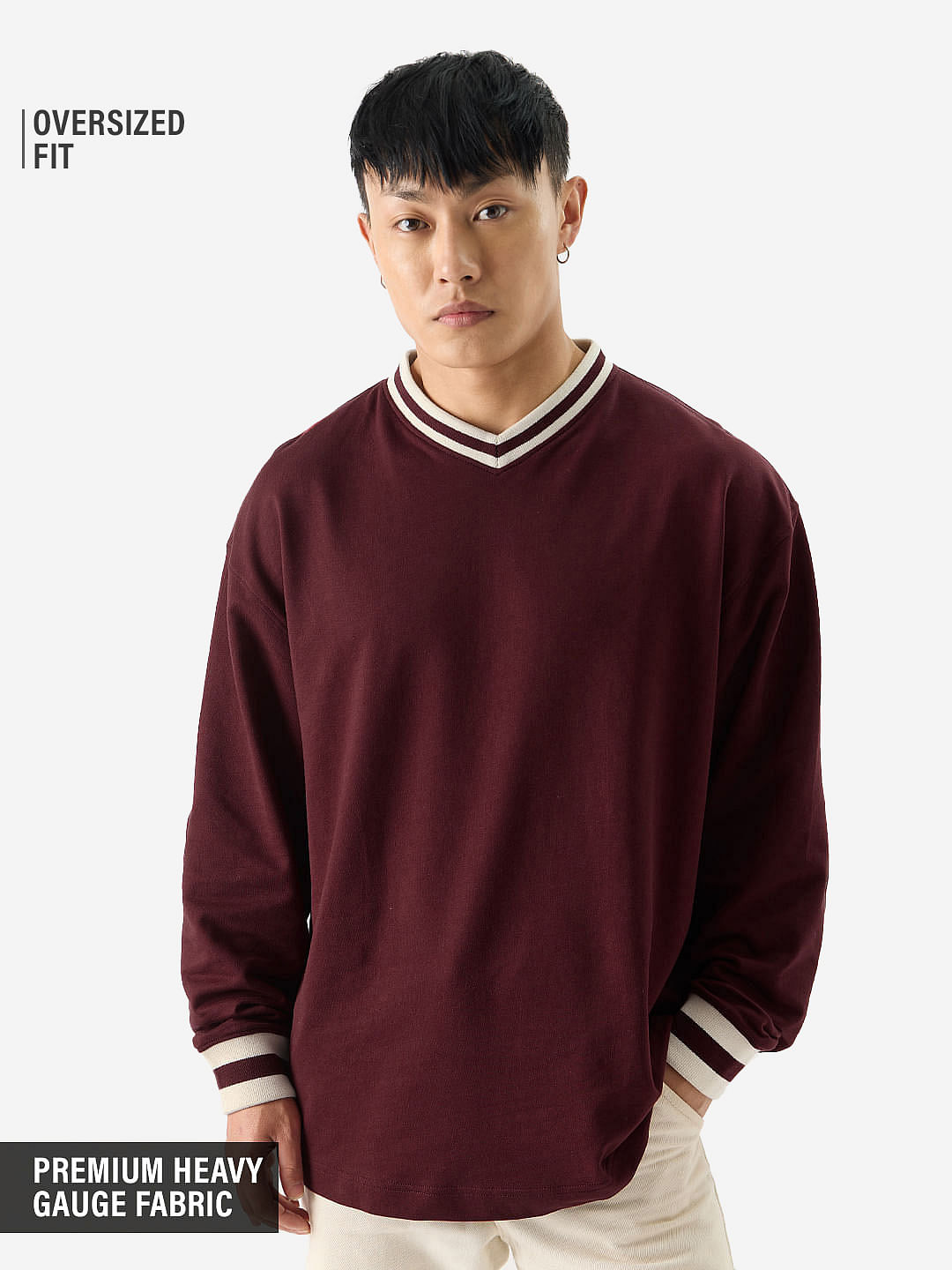 Buy Solids Burgundy Oversized Full Sleeve T Shirts Online