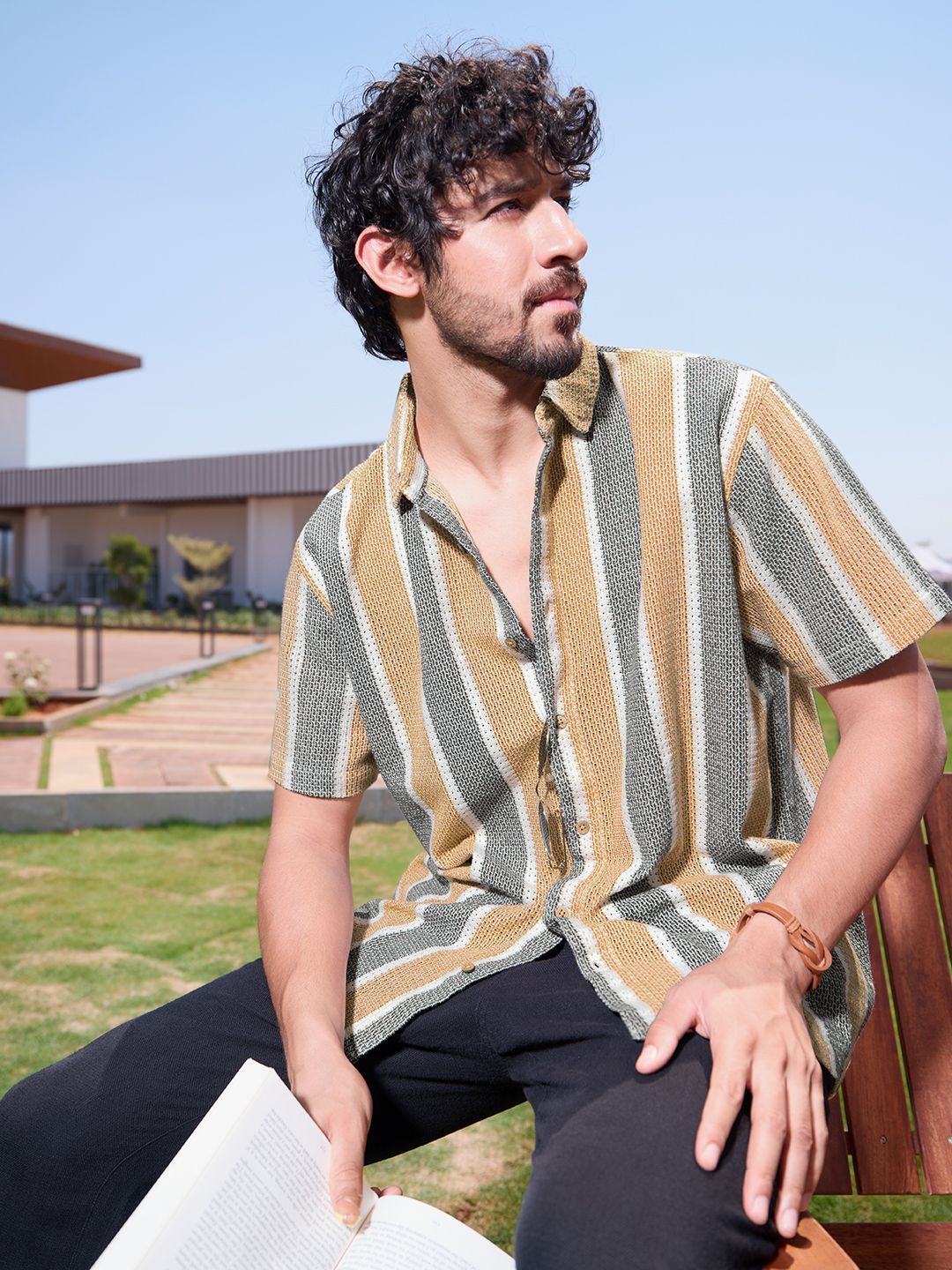 Buy Stripes: Black, Brown Men Half Sleeve Shirts Online