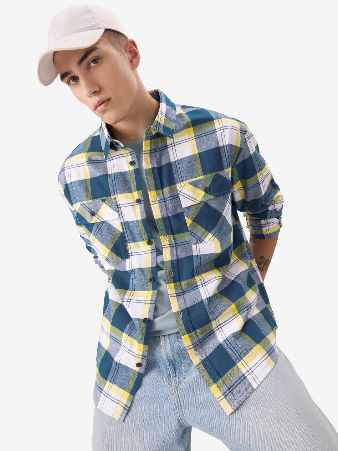 Buy Plaid: Cream, Green Men Utility Shirts Online