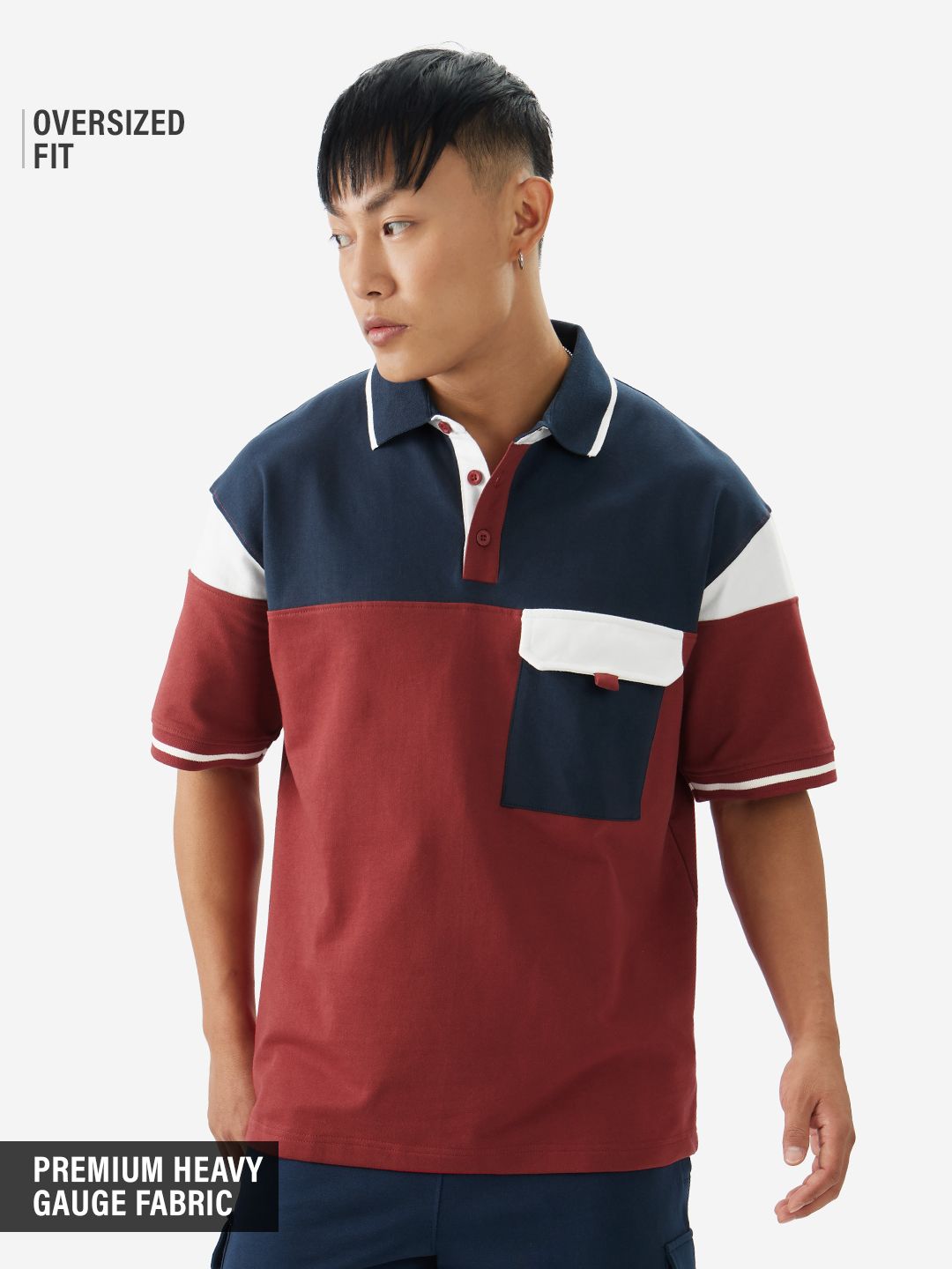 Buy Solids: Pink & Navy Logo Oversized Polo Online