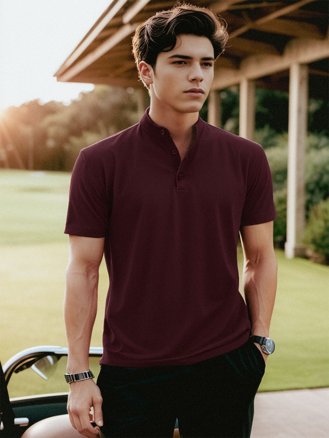 Buy Solids: Burgundy Men Mandarin Polo Online.