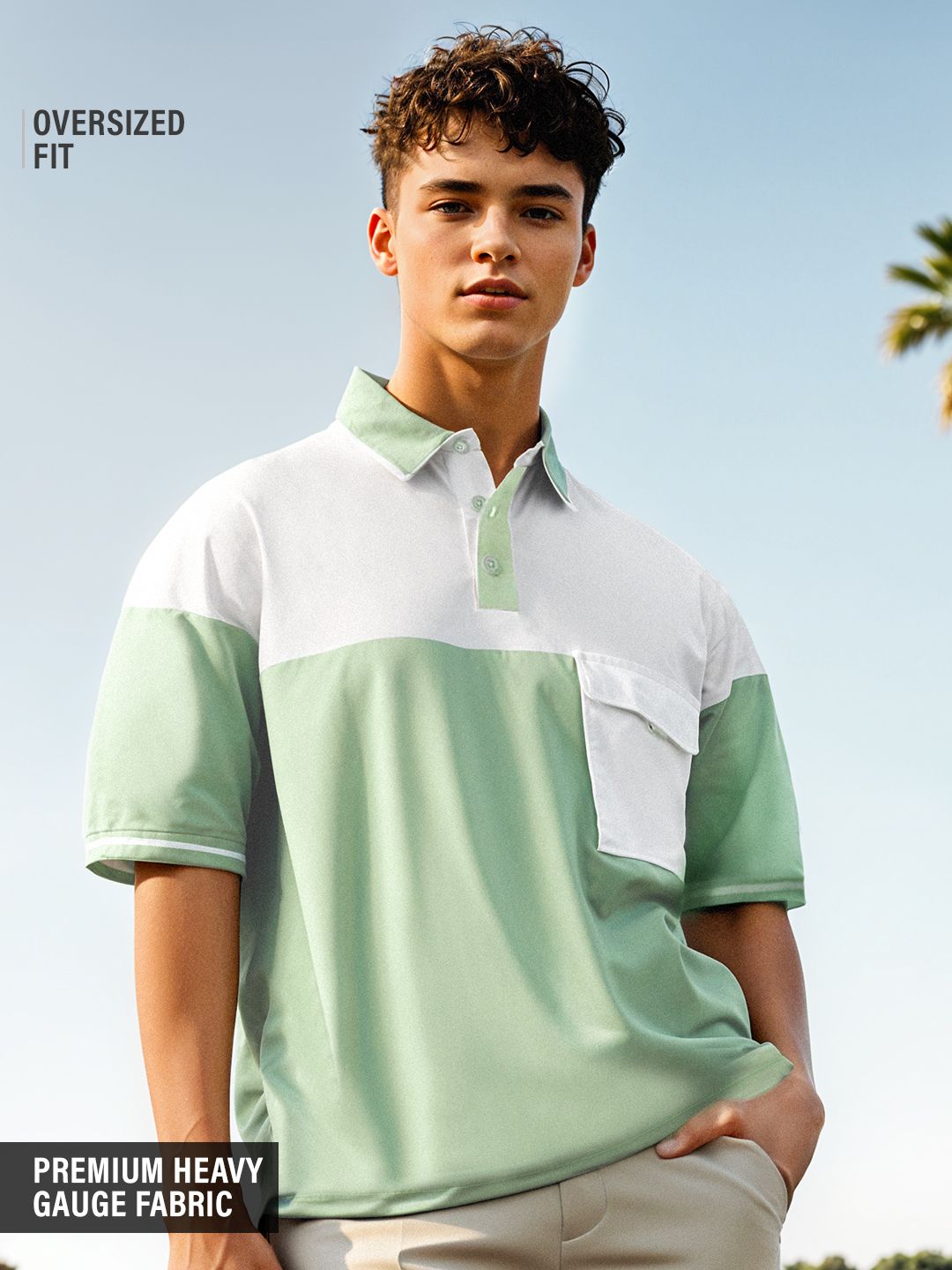 Buy Color Block: Mist Green Men Oversized Polos Online