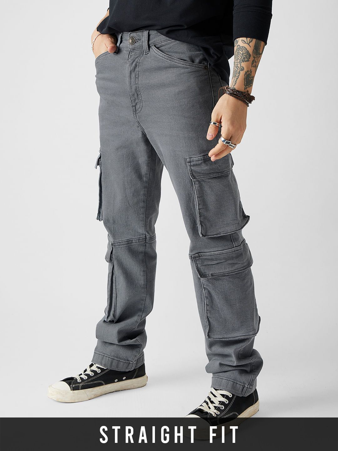 Buy Solids: Light Grey Men Cargo Jeans Online