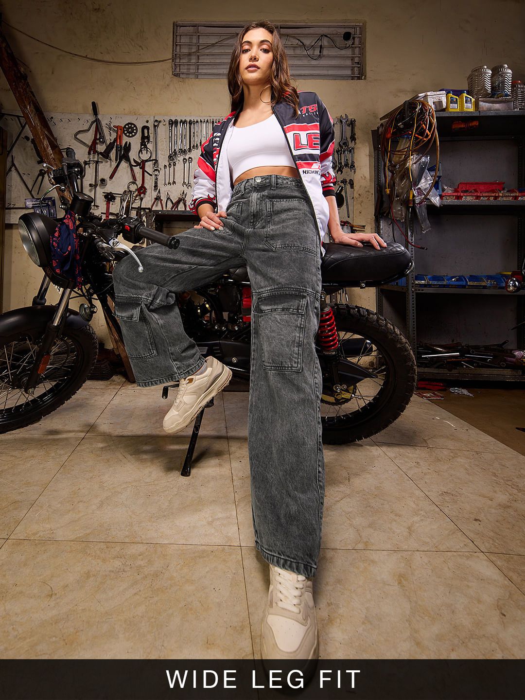 Buy Solids: Grey Cloud Wash (Wide leg fit) Women Cargo Jeans online at ...