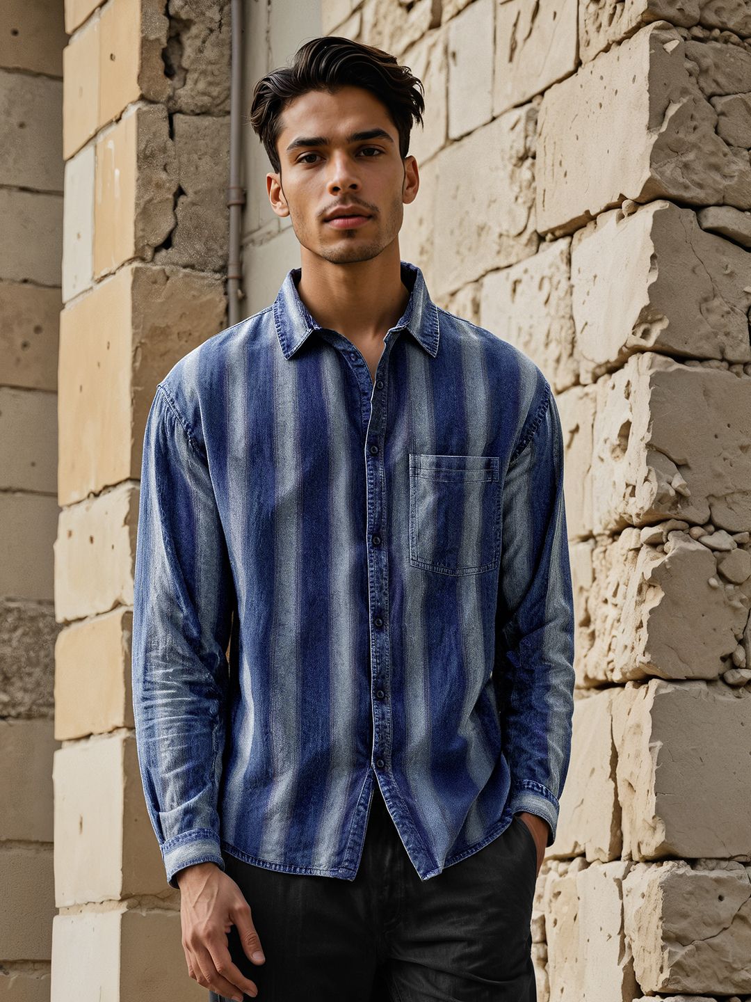 Buy Stripes: Shades Of Blue Men Relaxed Shirts Online