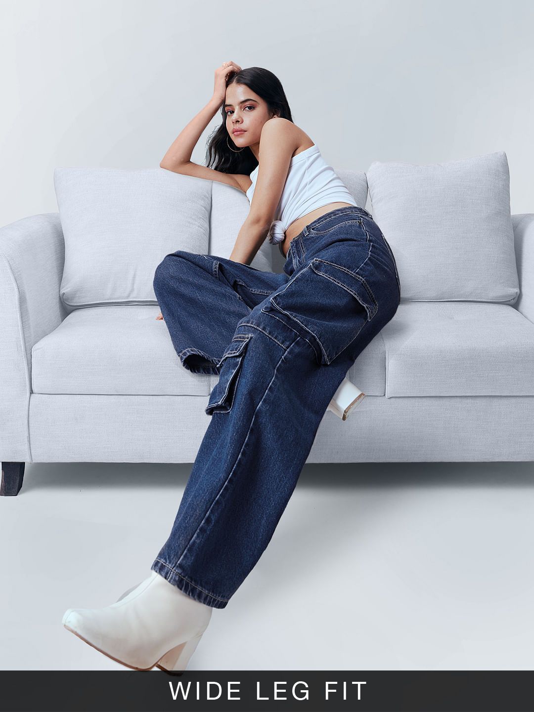 Buy Solids: Mid Blue (Wide Leg Fit) Women Cargo Jeans online at The ...