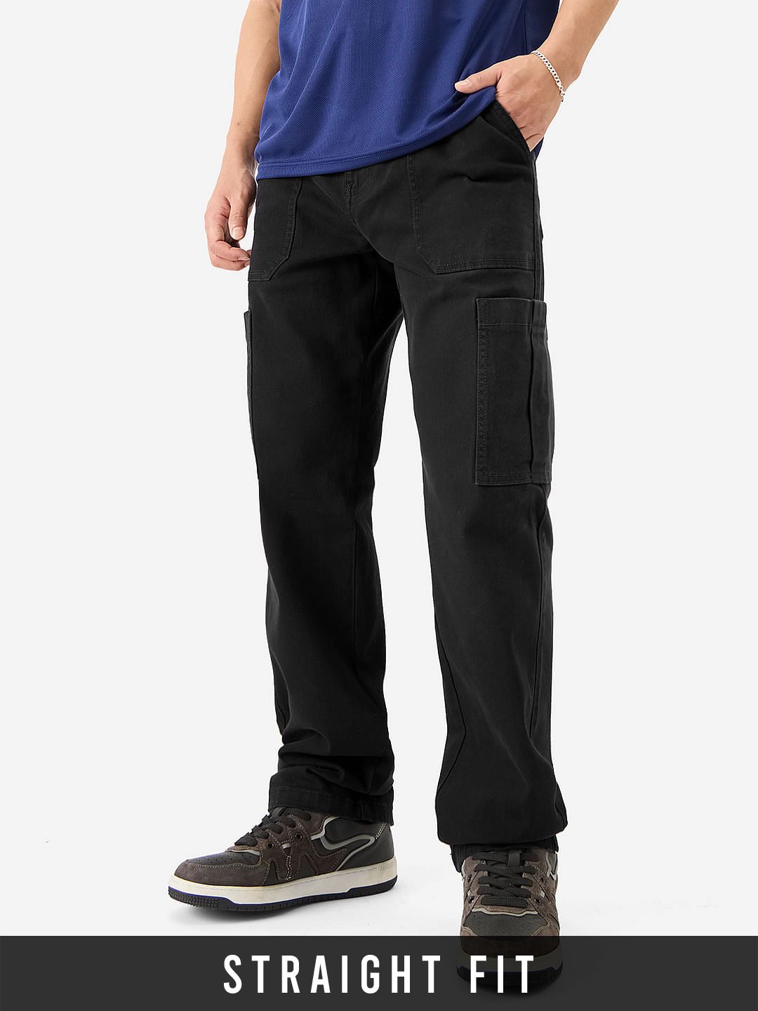 Buy Solids: Black (Straight Fit) Men Cargo Jeans Online