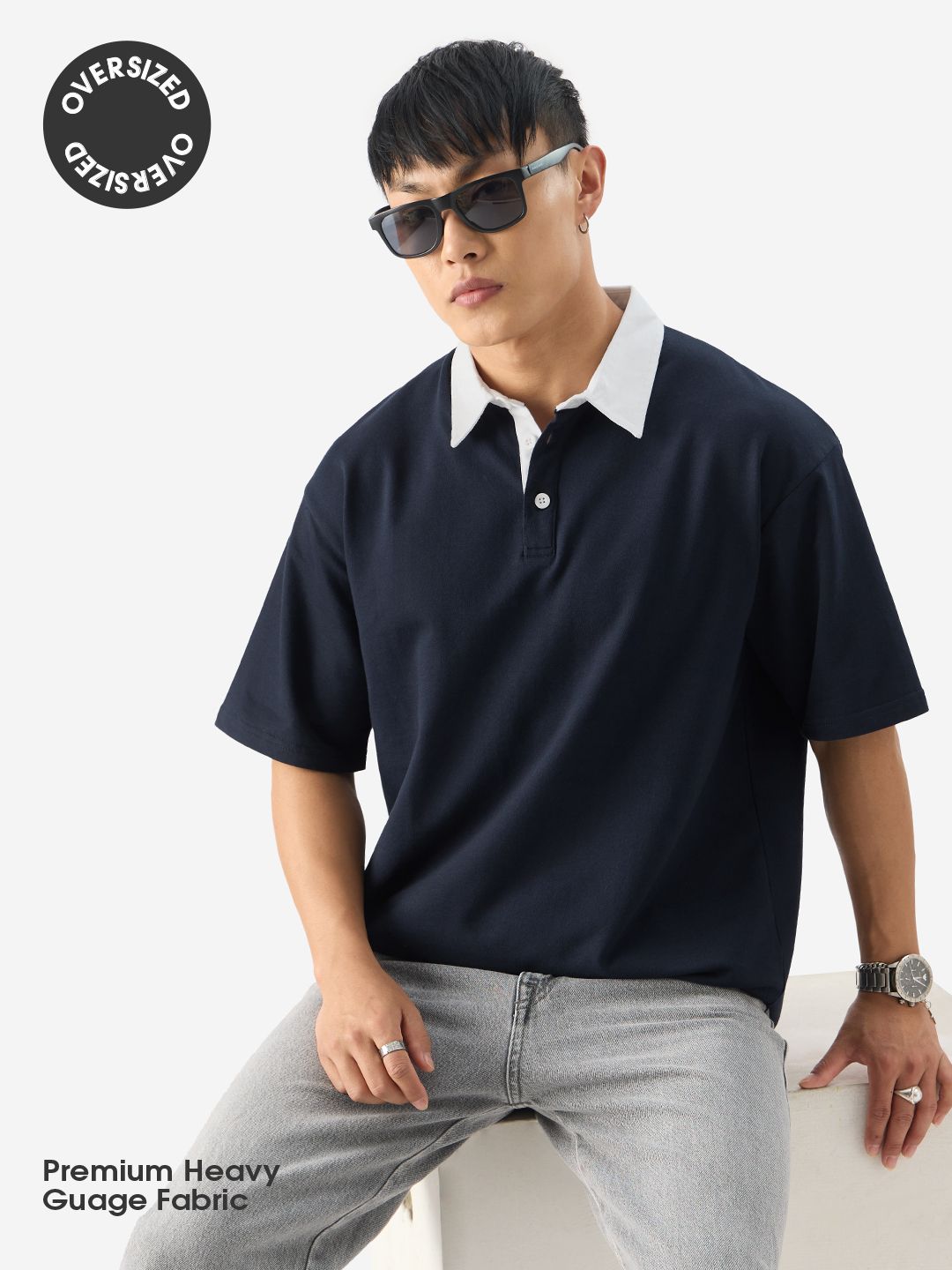 Buy Solids: Pink & Navy Logo Oversized Polo Online