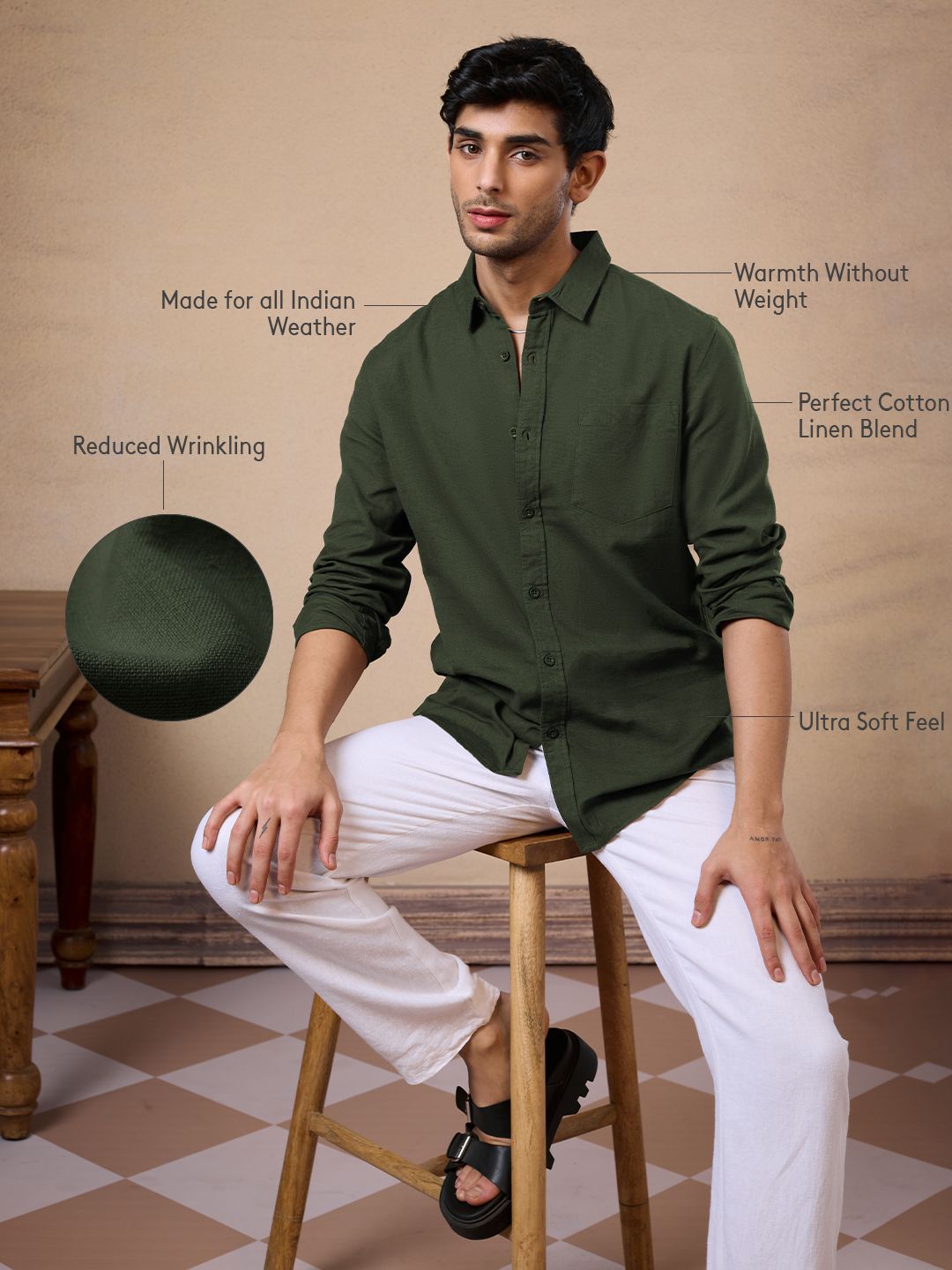 Buy Solids: Olive Men Cotton Linen Shirts Online