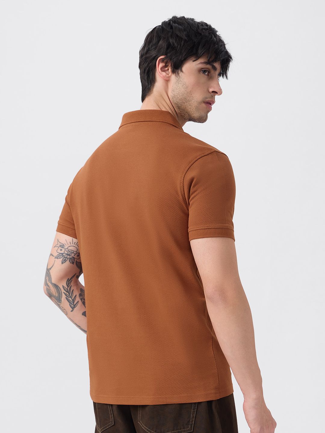 Buy Textured Polo: Rust Orange Zipper Polos Online.