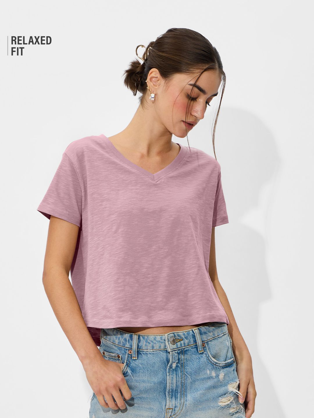 Buy Solids: Primrose Pink Women Relaxed Fit T-Shirts Online