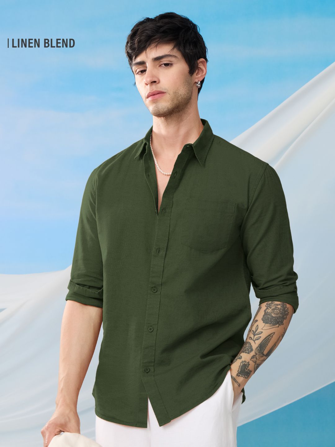 Cotton Linen: Olive Cotton Linen Shirts at The Souled Store