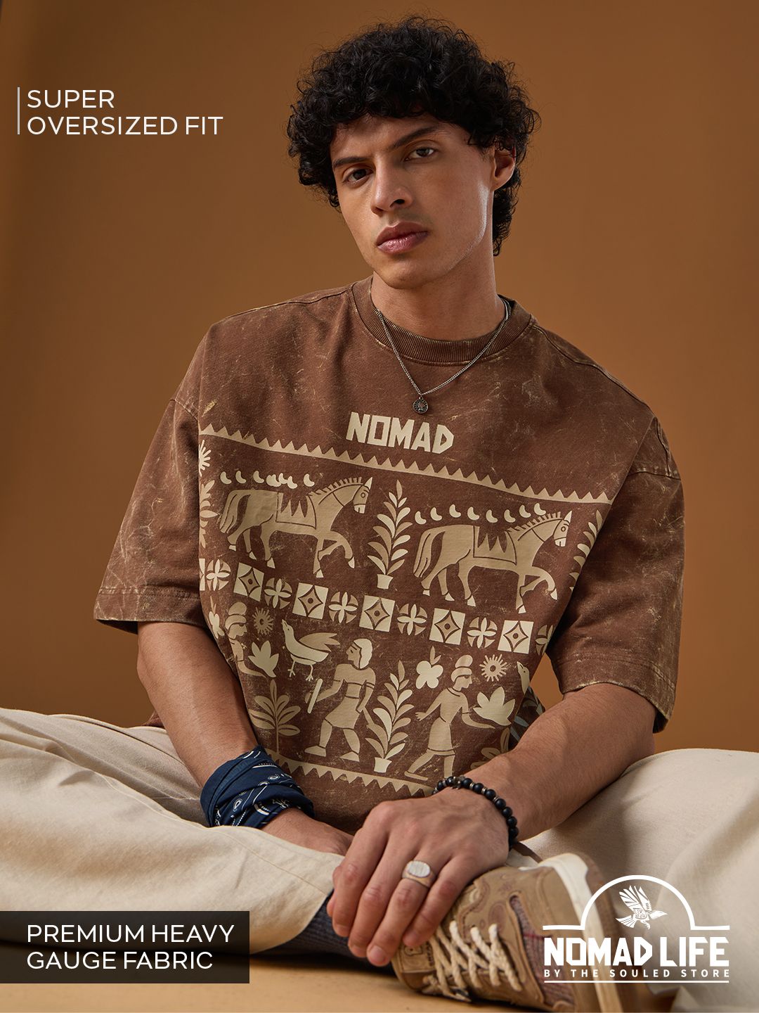 Buy Nomad: Brown Border Super Oversized T-Shirts Online
