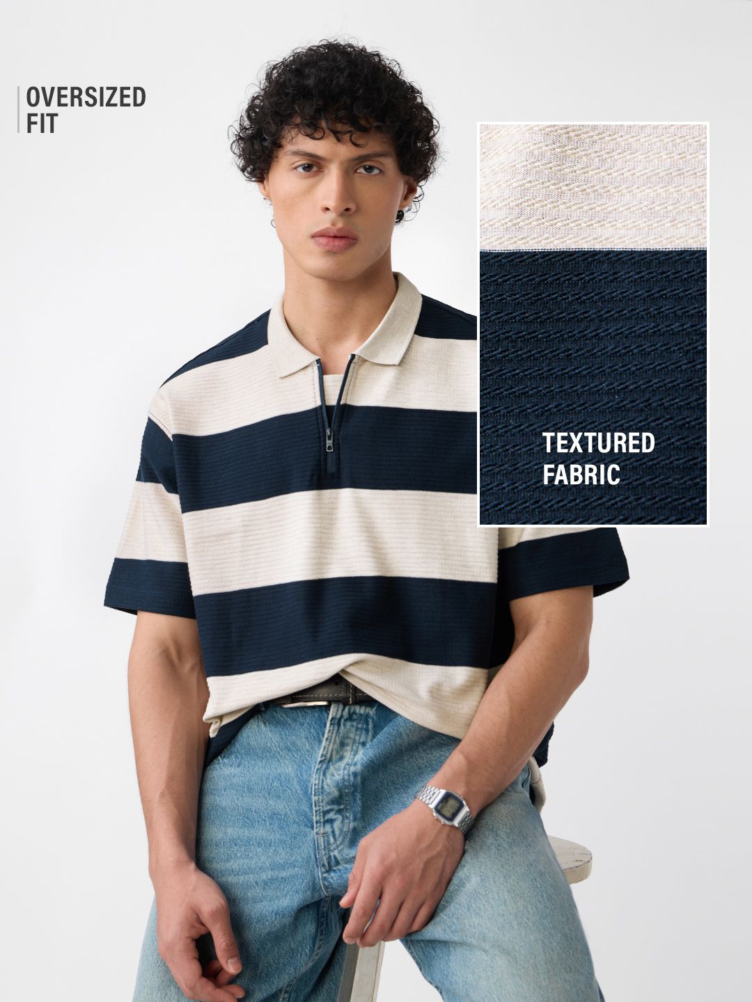 Buy Solids: Pink & Navy Logo Oversized Polo Online